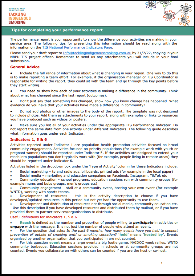 Reporting on your TIS activities - Tackling Indigenous Smoking